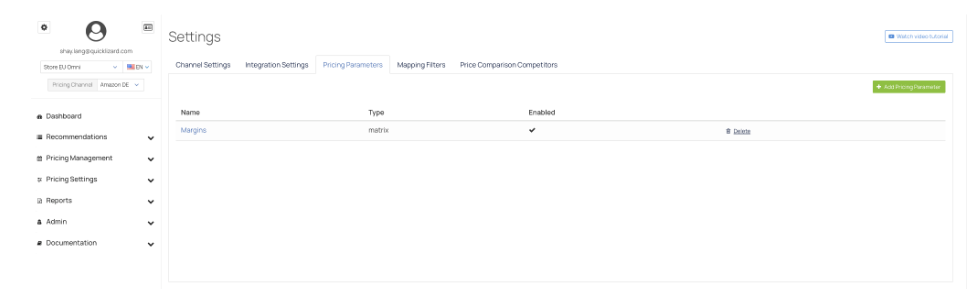 Pricing Parameters sheet – Quicklizard